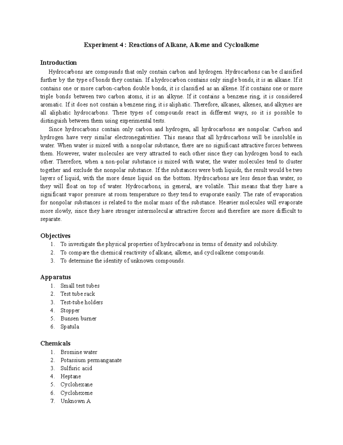 Experiment 4 Reactions of Alkane, Alkene and Cycloalkene - Experiment 4 : Reactions of Alkane ...