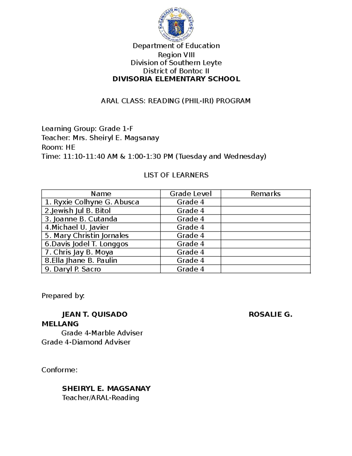 ARAL CLASS: READING PROGRAM - LIST OF LEARNERS (Grade 4-6) - Studocu