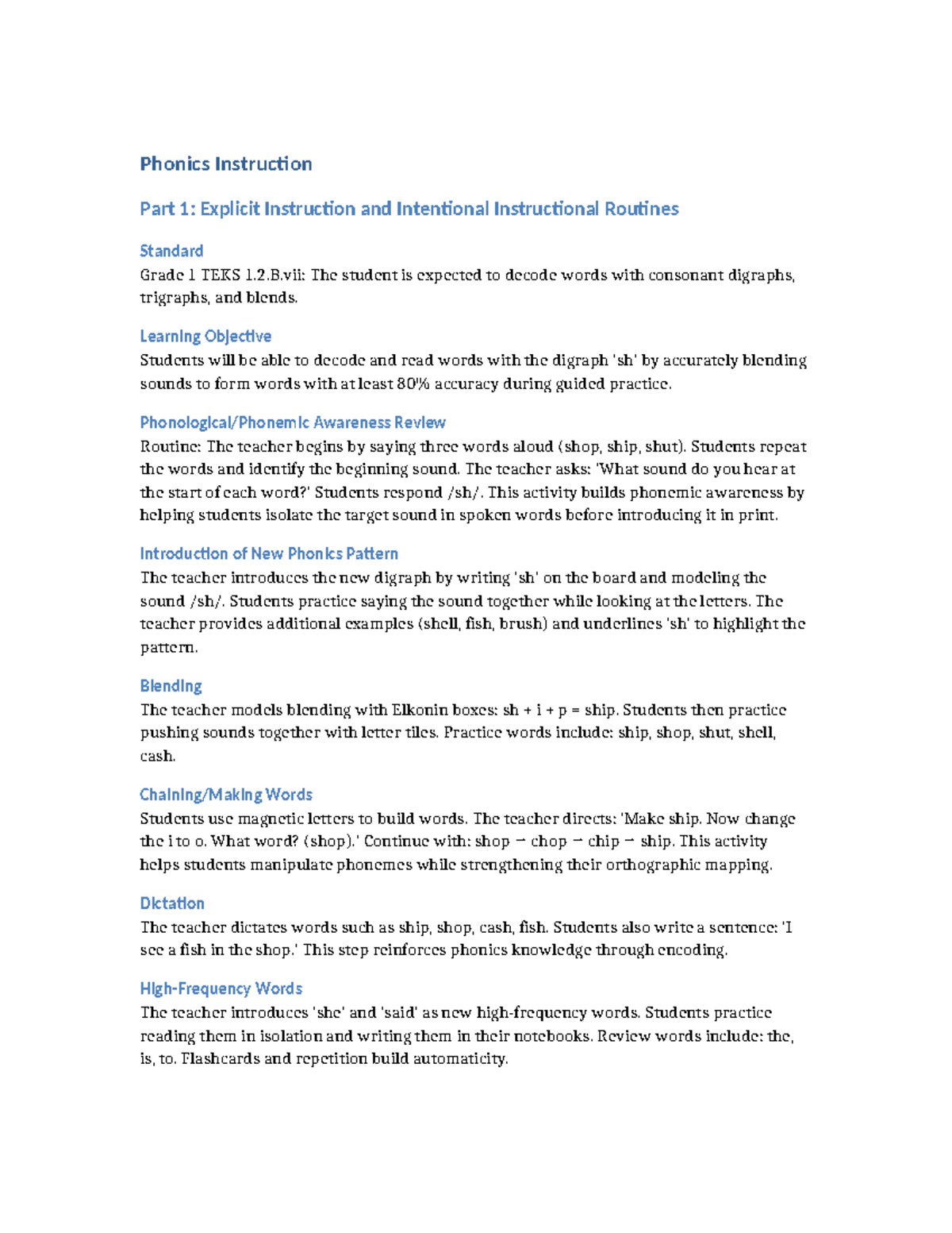 Phonics Instruction Part 1: Explicit Routines for Grade 1 TEKS 1.2.B ...