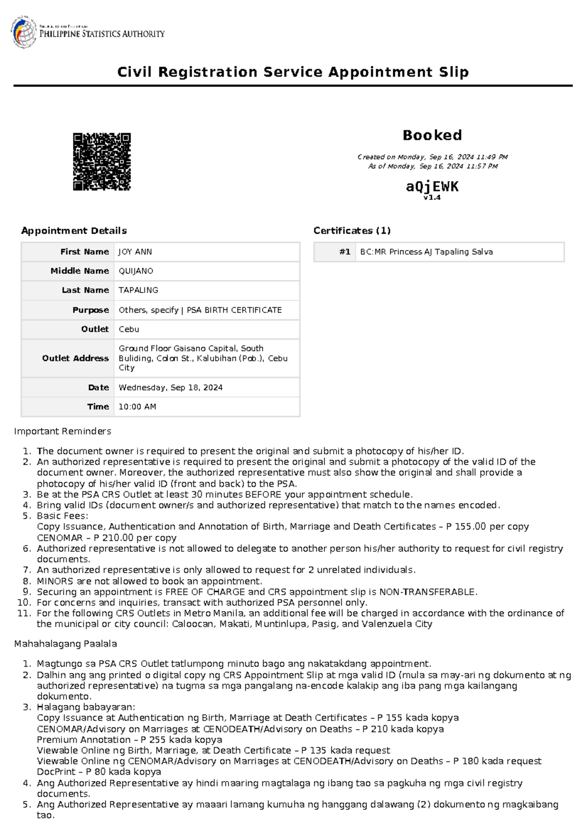 Document - Notes - Civil Registration Service Appointment Slip Booked ...