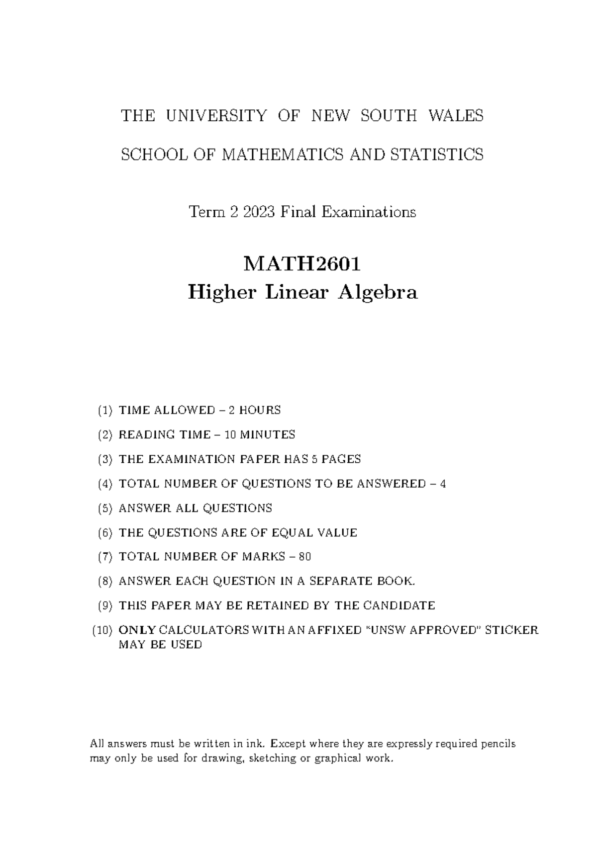 MATH2601 Term 2 2023 Final Exam: Higher Linear Algebra Past Paper - Studocu