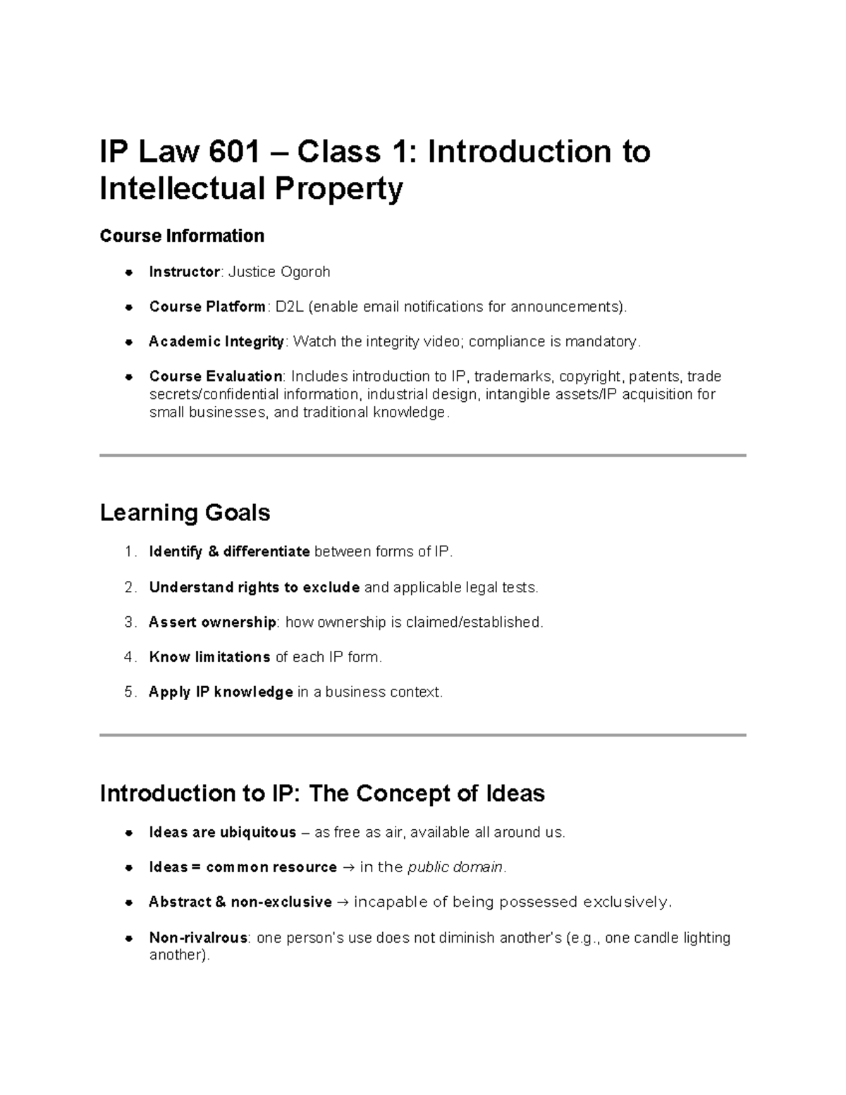 IP Law 601: Class 1 - Intro to Intellectual Property Concepts - Studocu