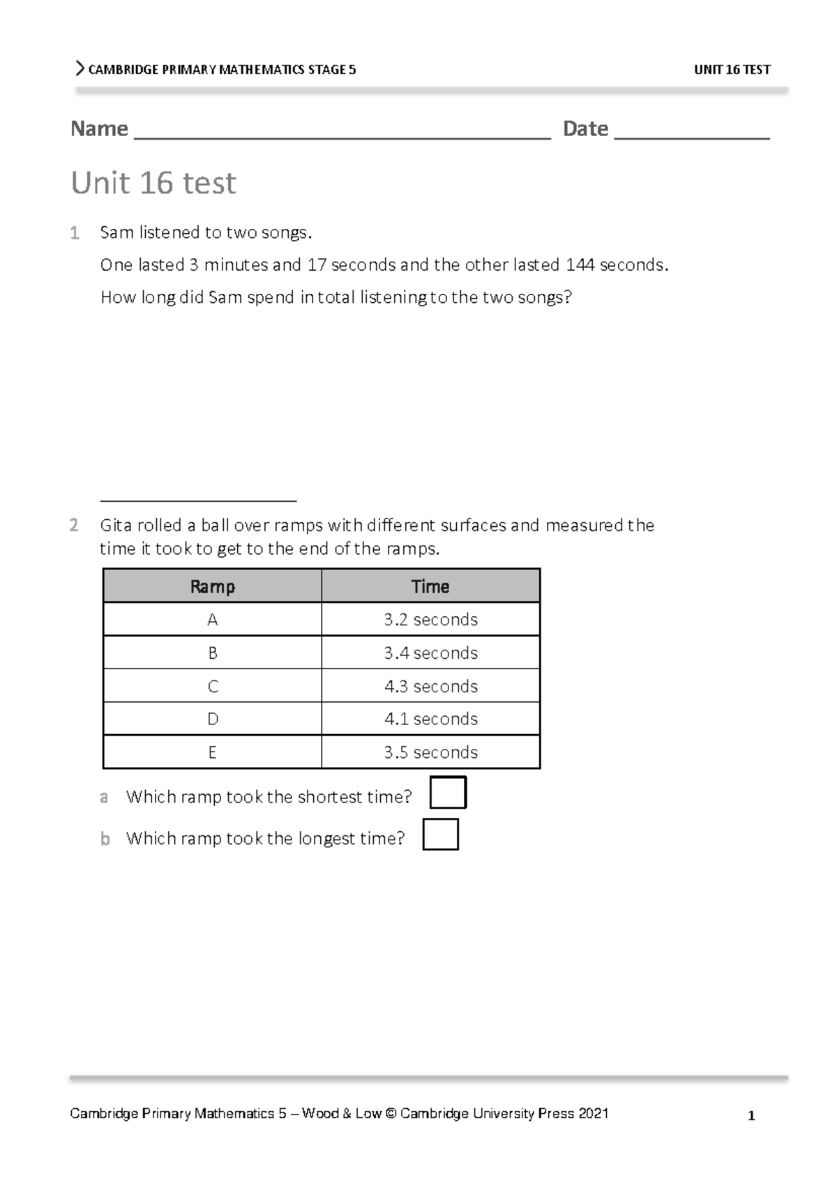 CAMBRIDGE PRIMARY MATHEMATICS STAGE 5 UNIT 16 TEST - Studocu