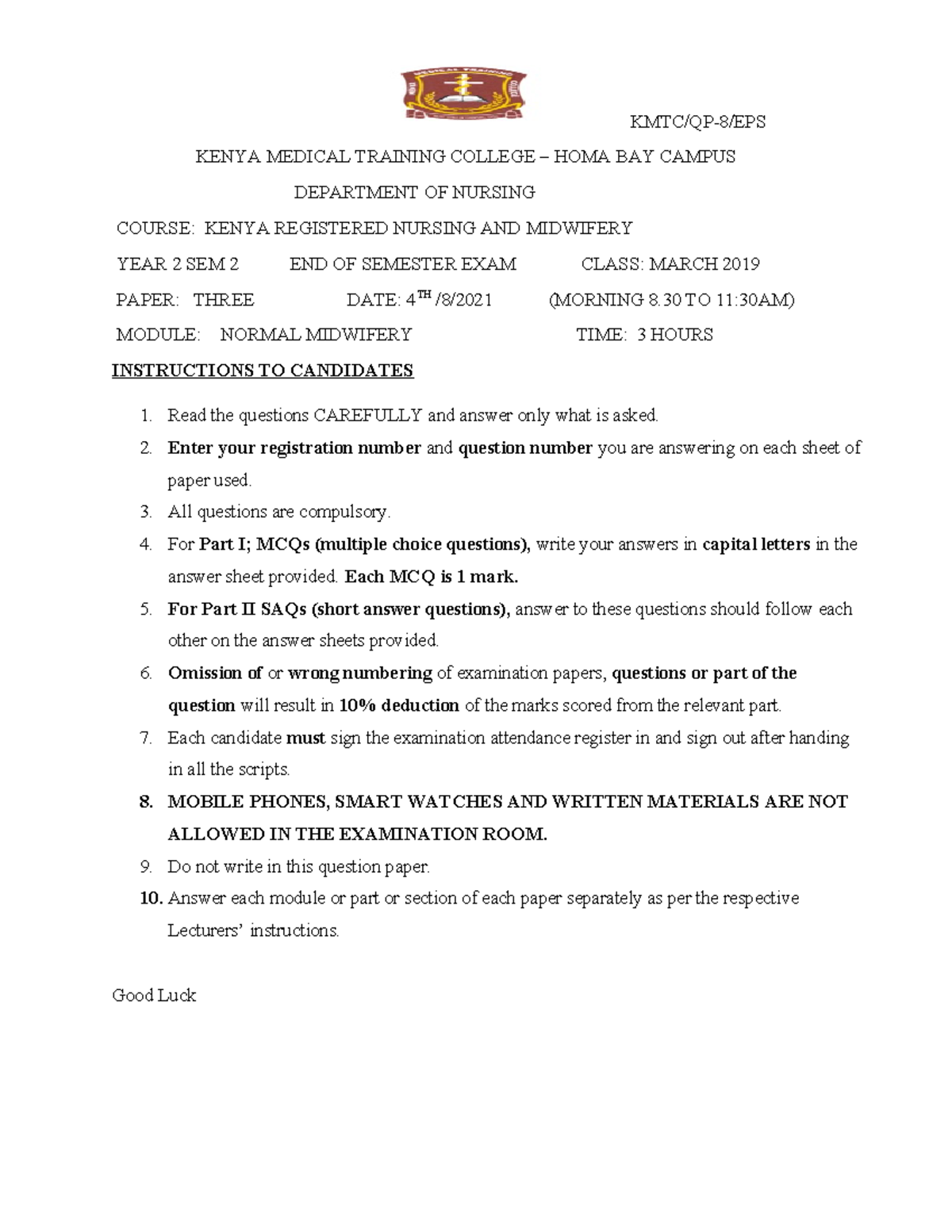 KRNM 2019 Midwifery End of Semester Exam Paper: Paper Three - Studocu