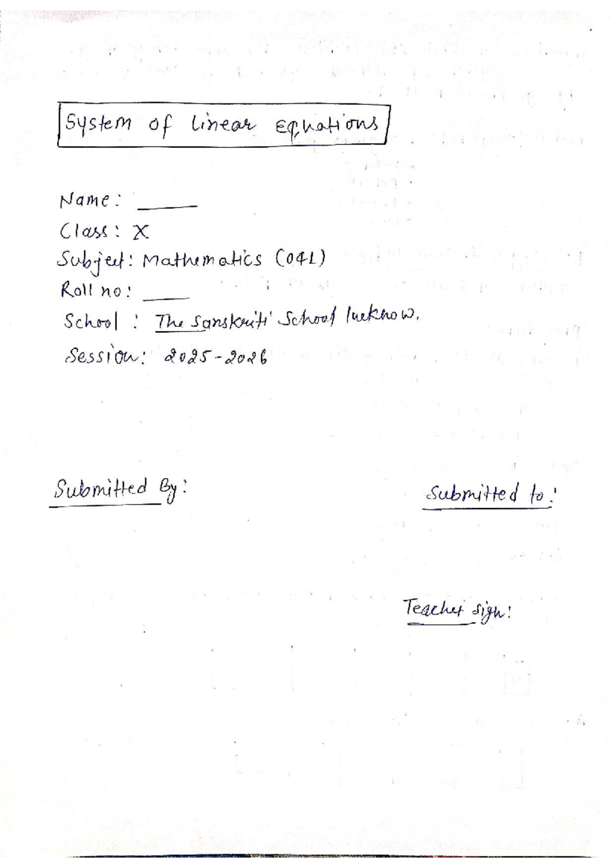 Class 10 Mathematics Project: System of Linear Equations (04L) - Studocu