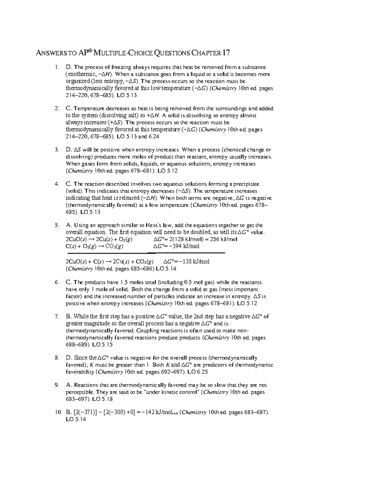 Chapter 17 AP MC Answers - Thermodynamics & Entropy Insights - Studocu
