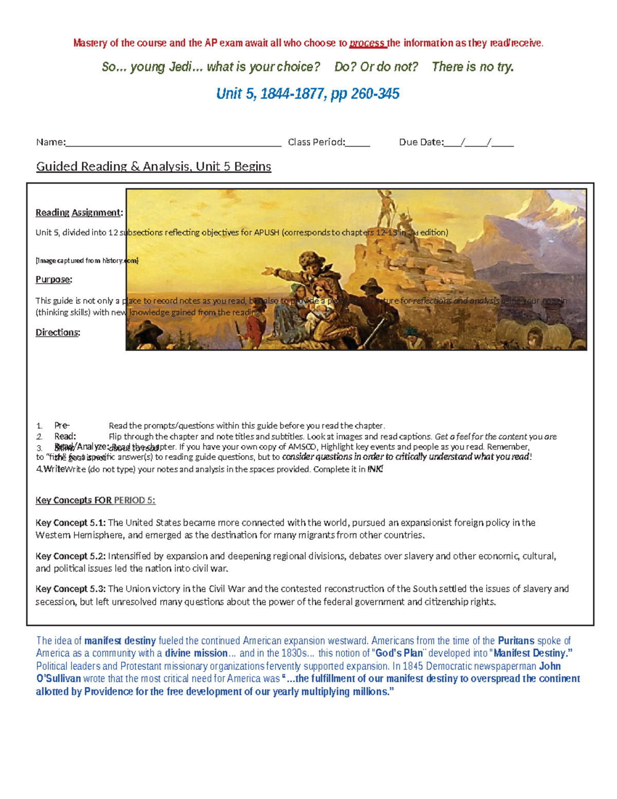 APUSH Unit 5 Guided Reading & Analysis (1844-1877) Student Packet - Studocu