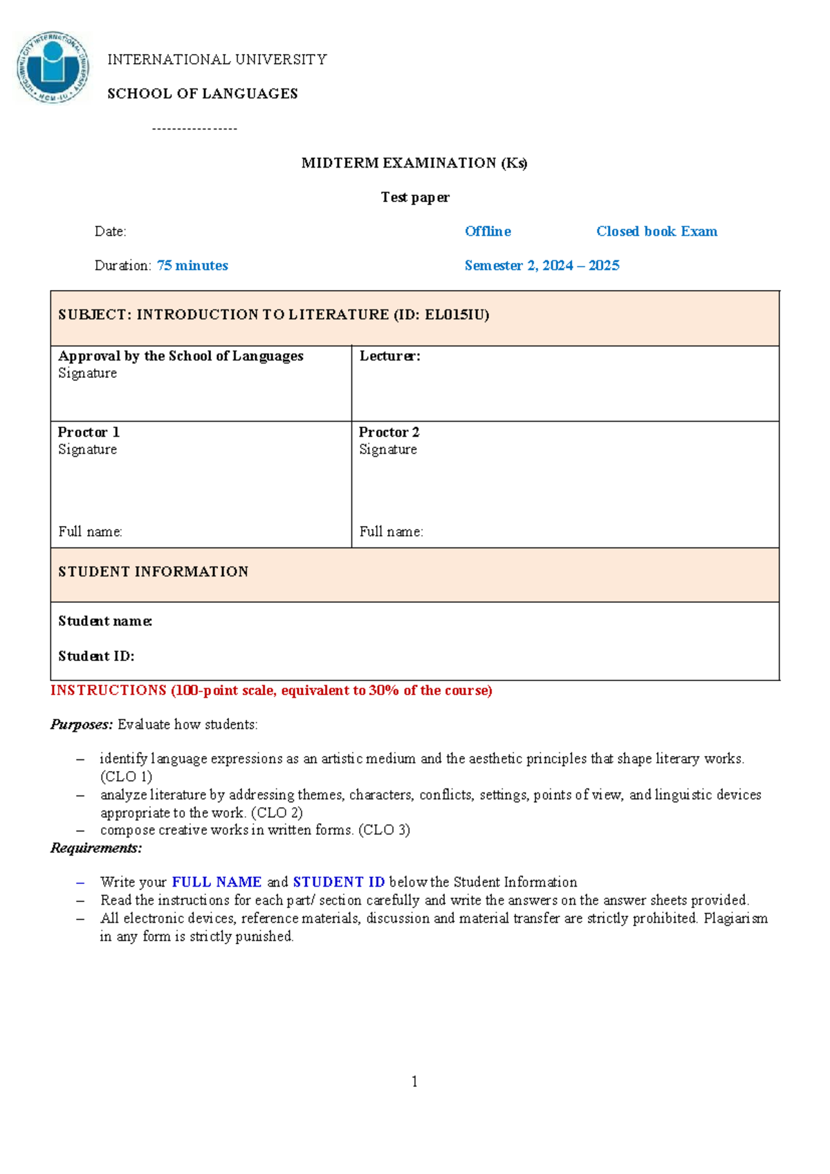 Intro to Lit Midterm Exam Sample Test Sem 2 2024-2025 - Studocu