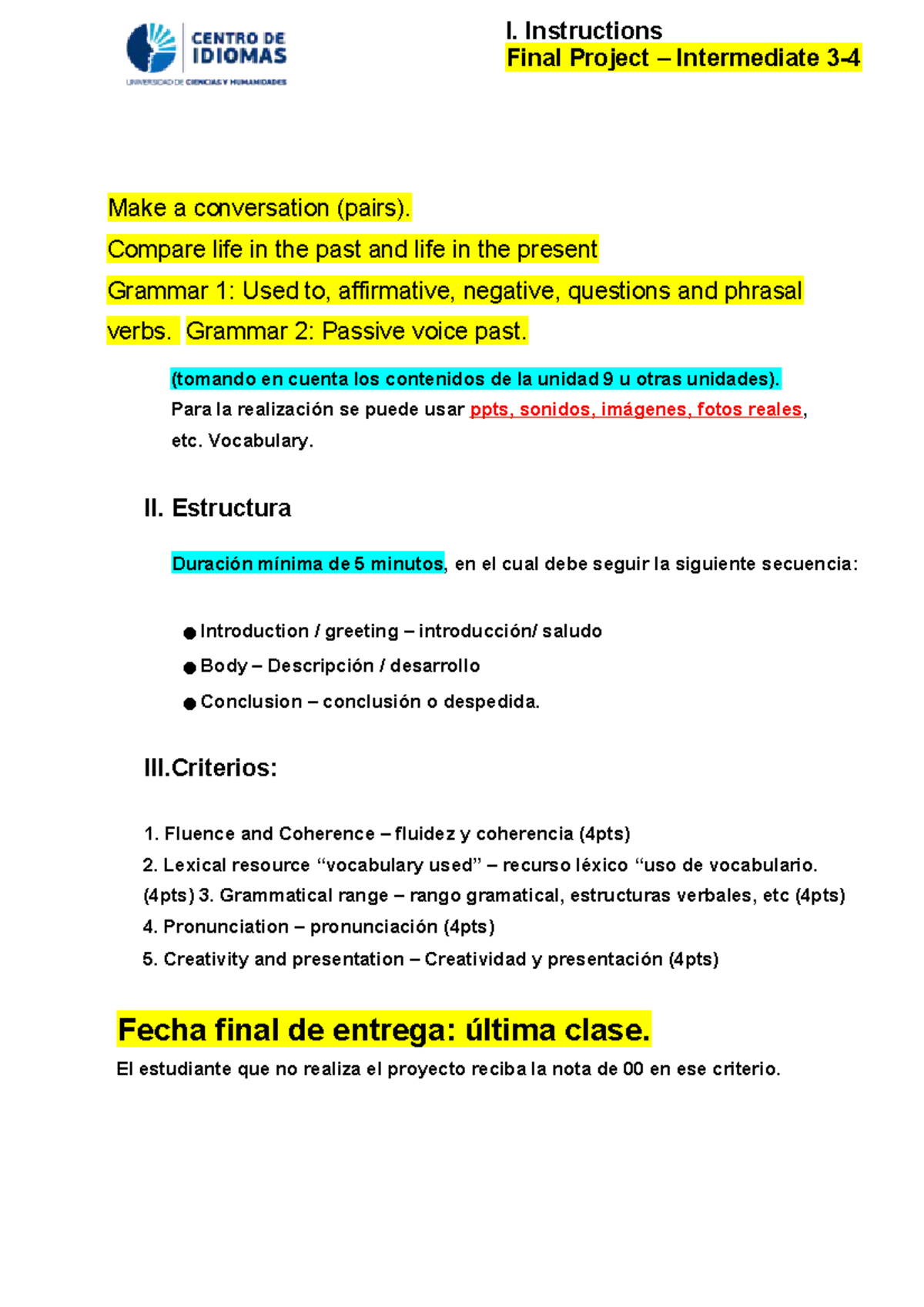 Final Project Guidelines for Intermediate 3-4: Comparing Past & Present ...