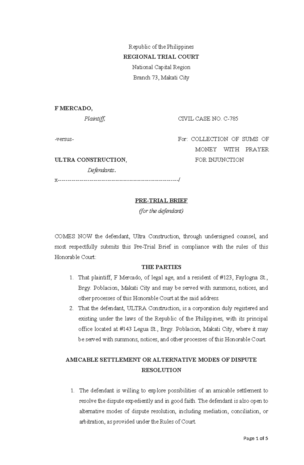 Pre-Trial Brief - Defendant - Republic of the Philippines REGIONAL ...