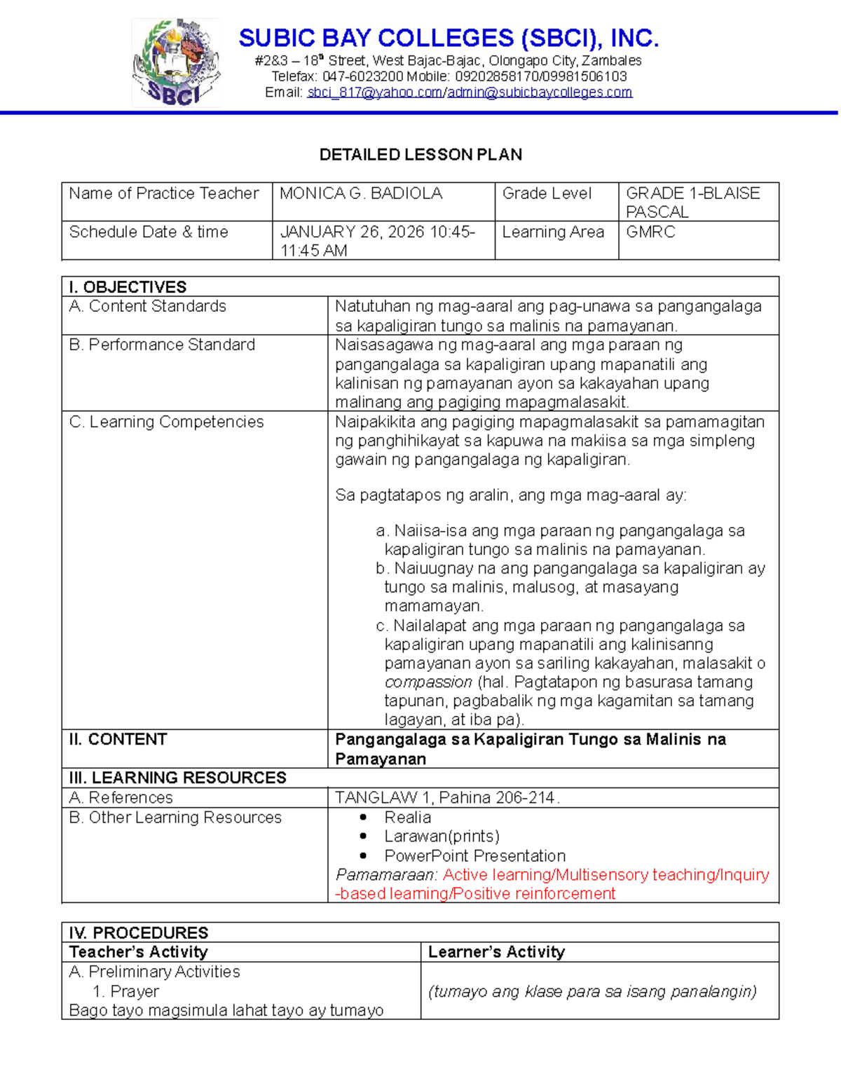Detailed Lesson Plan on Environmental Care (SBCI) - Studocu