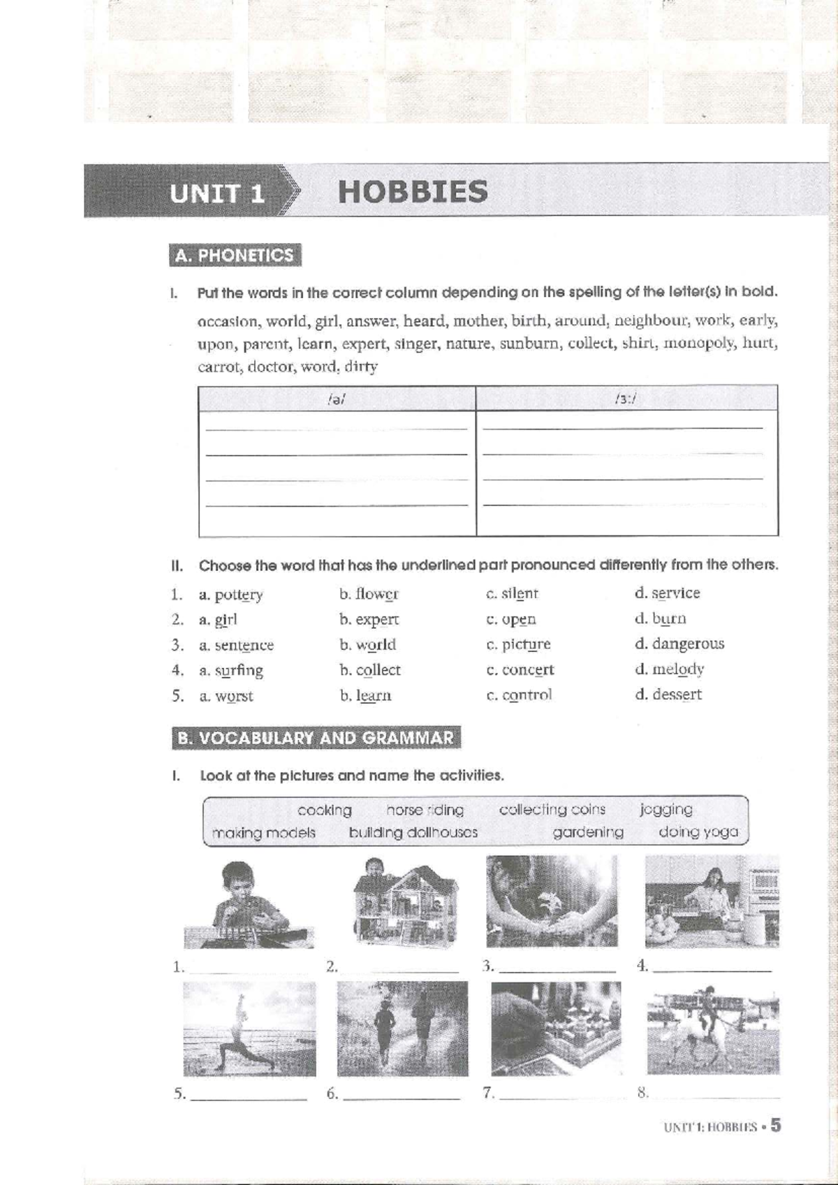 Test MLH 1 - Unit 1: Hobbies - Phonetics, Vocabulary & Grammar - Studocu
