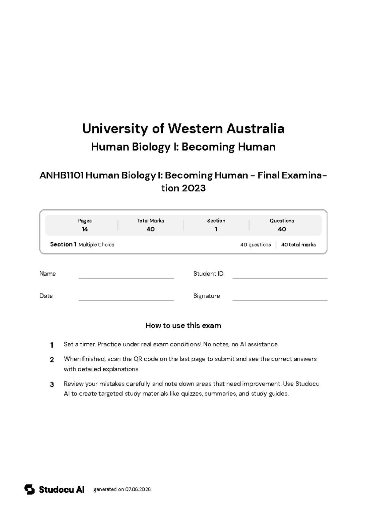 ANHB1101 Human Biology I: Final Exam 2023 - Studocu