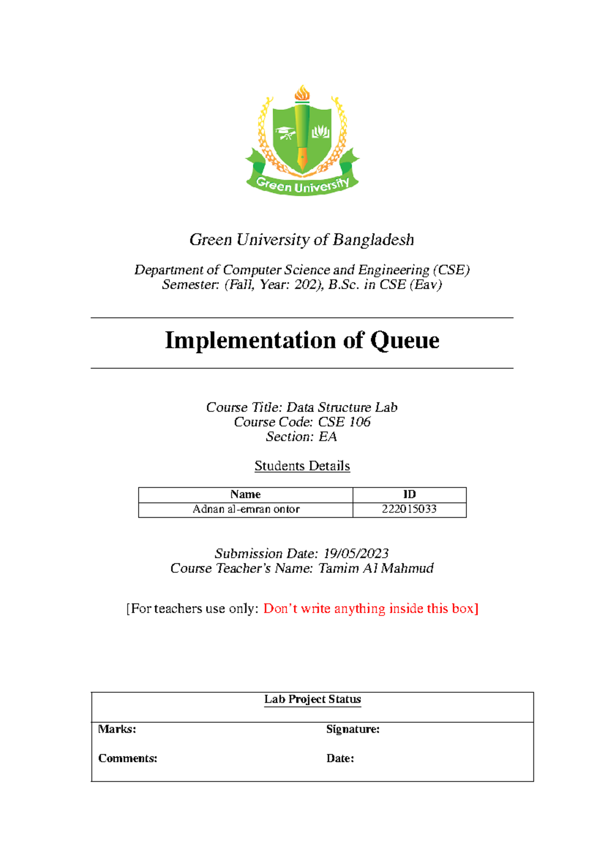 Implementation of Queue - Green University of Bangladesh Department of ...