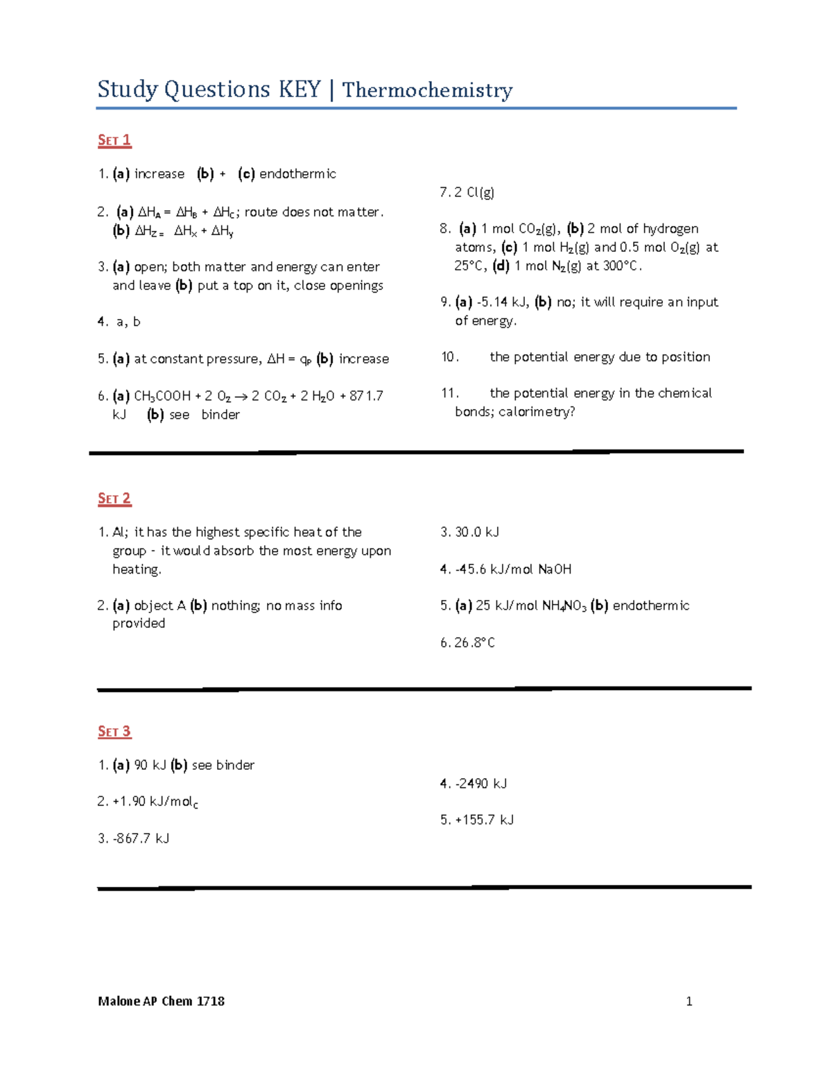 Thermochemistry Study Questions KEY - Malone AP Chem 1718 - Studocu