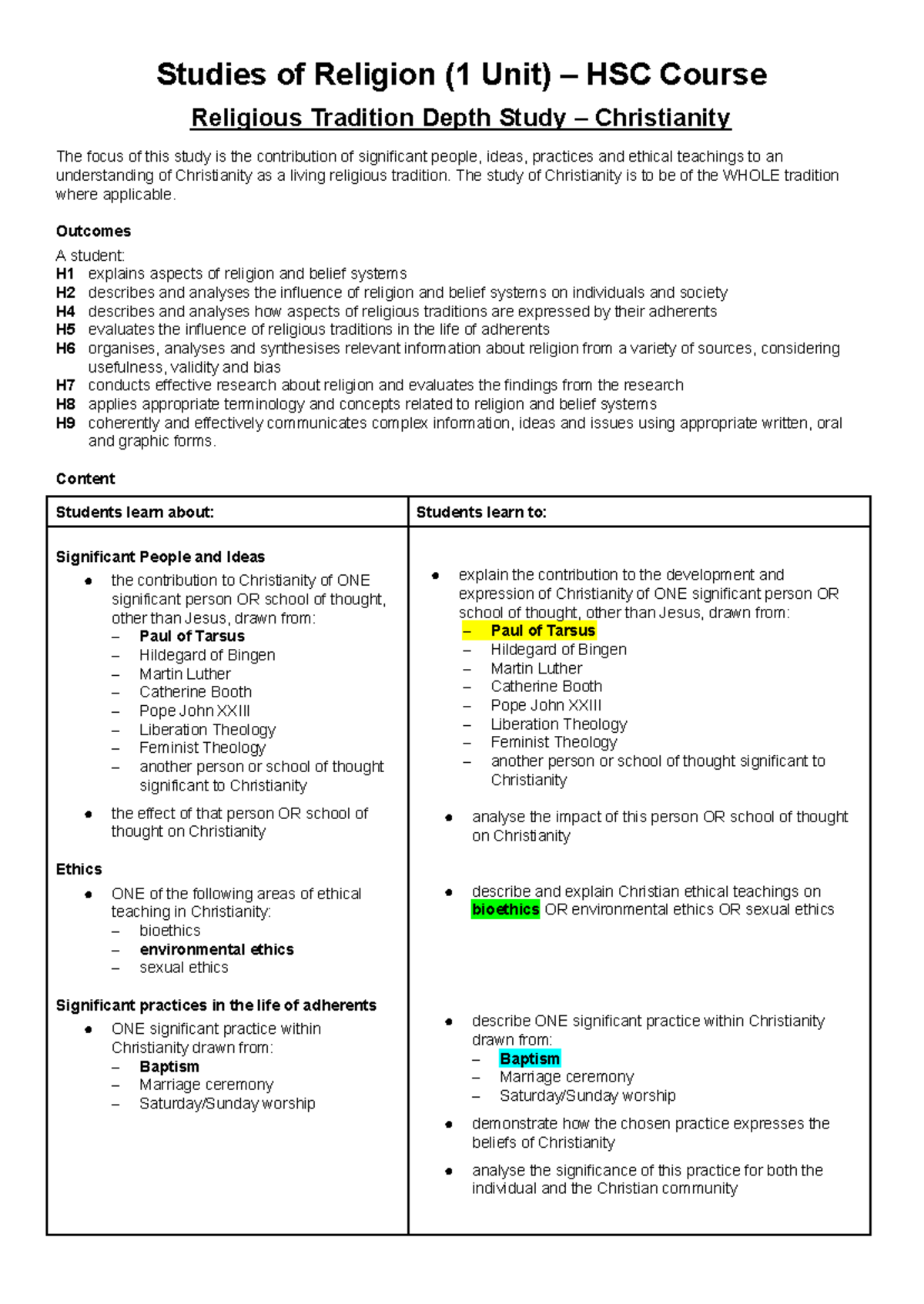 Syllabus Outline: Christianity Depth Study (1 Unit) HSC - Studocu