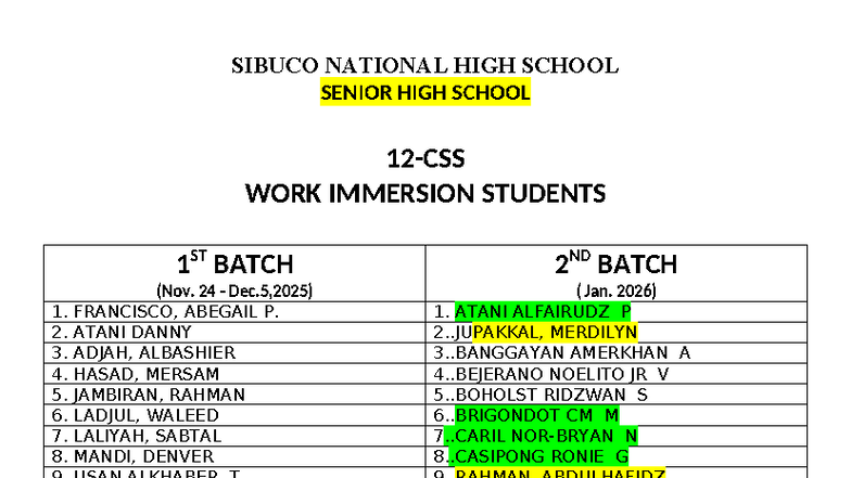 SIBUCO HIGH SCHOOL 1ST & 2ND BATCH WORK IMMERSION (2025-2026) - Studocu