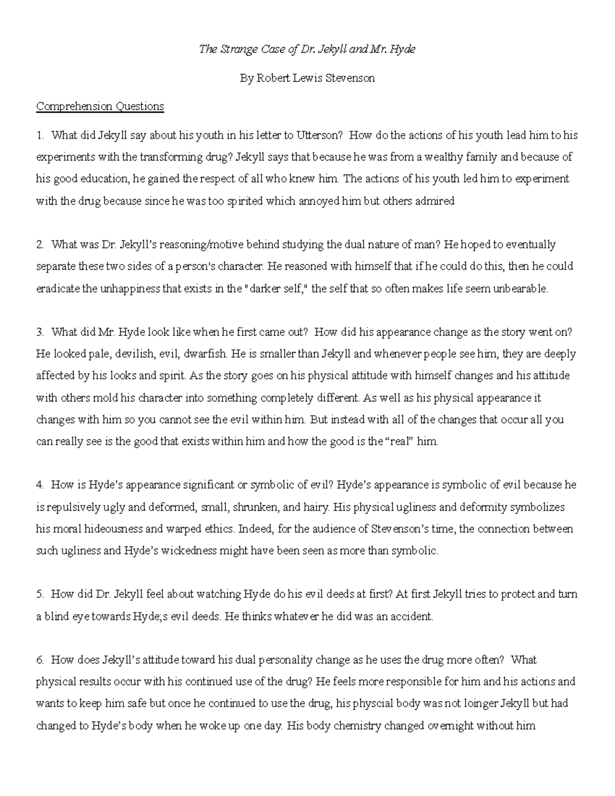 Quiz: Dr. Jekyll and Mr. Hyde Reading Questions (ENG 101) - Studocu