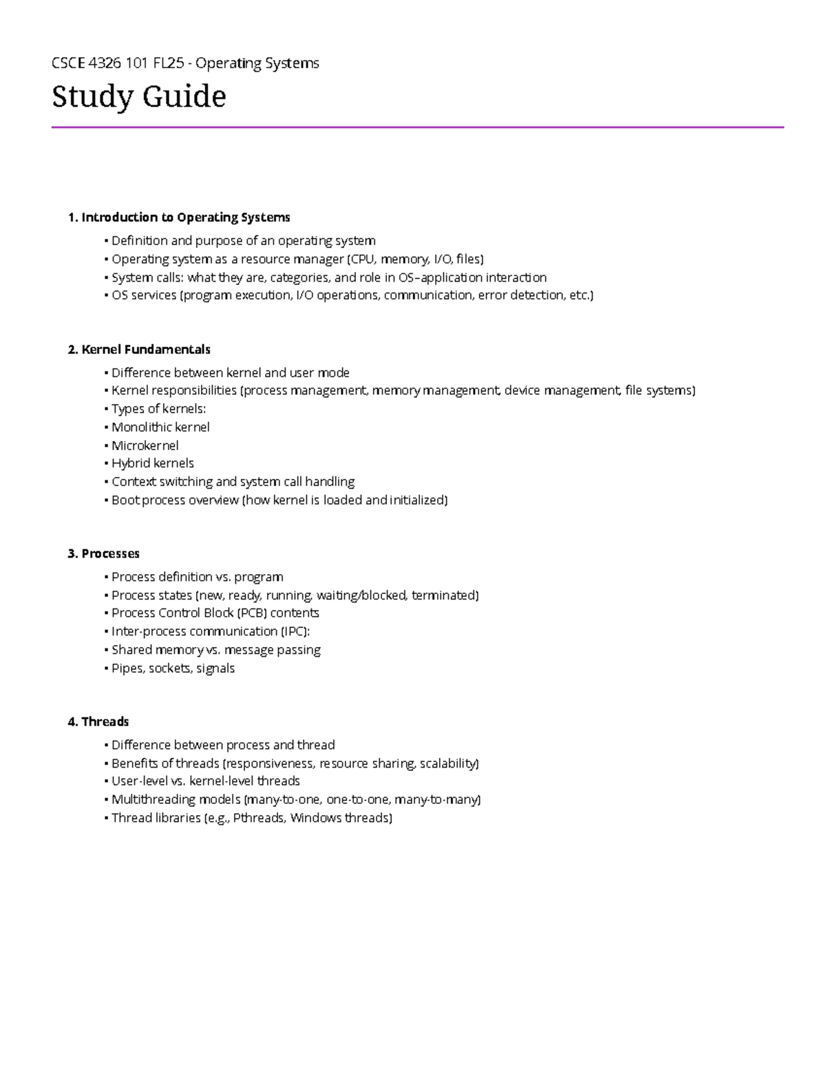 CSCE 4326 101 FL25 - Key Concepts in Operating Systems Study Guide - Studocu