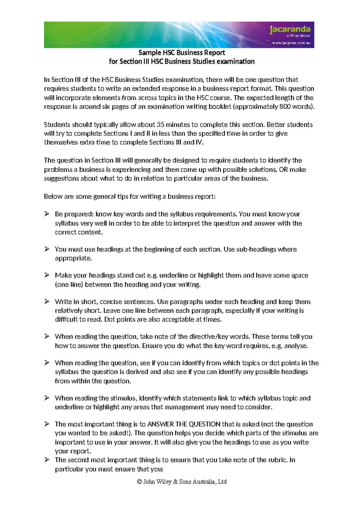 Sample HSC Business Report for Section HSC Business Studies Exam - Studocu