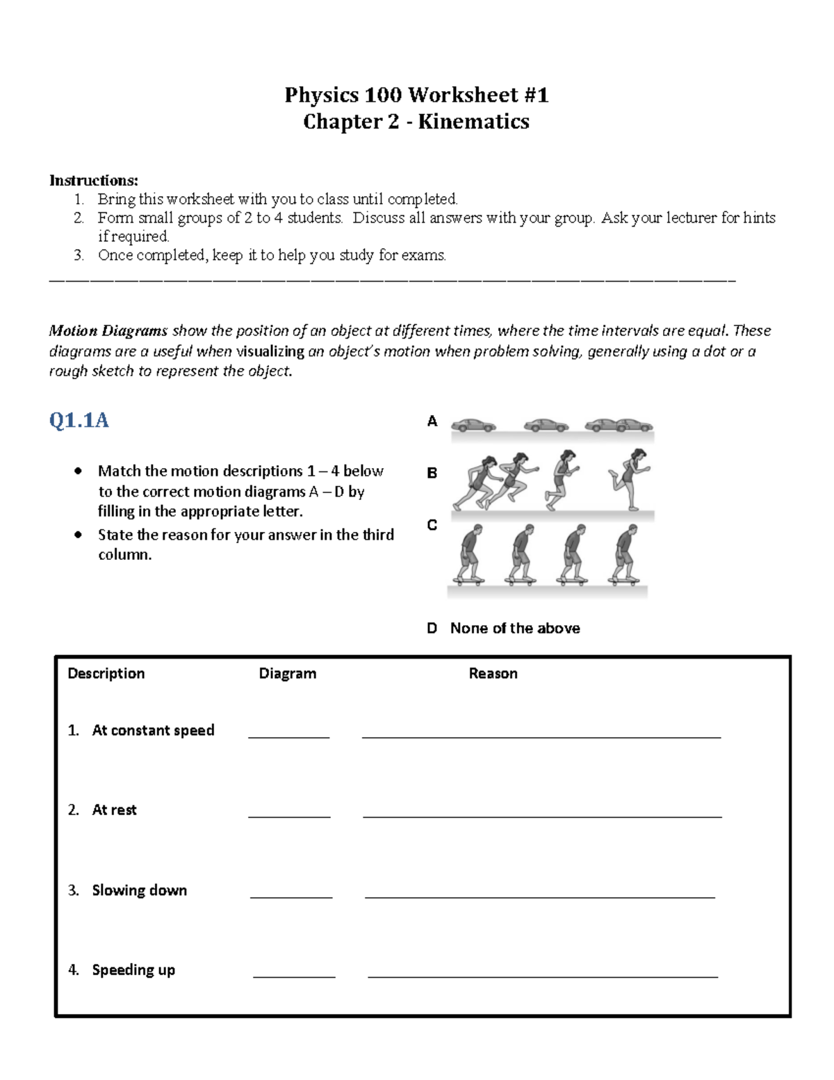 Physics 100 Worksheet: Chapter 2 Kinematics Exercises - Studocu