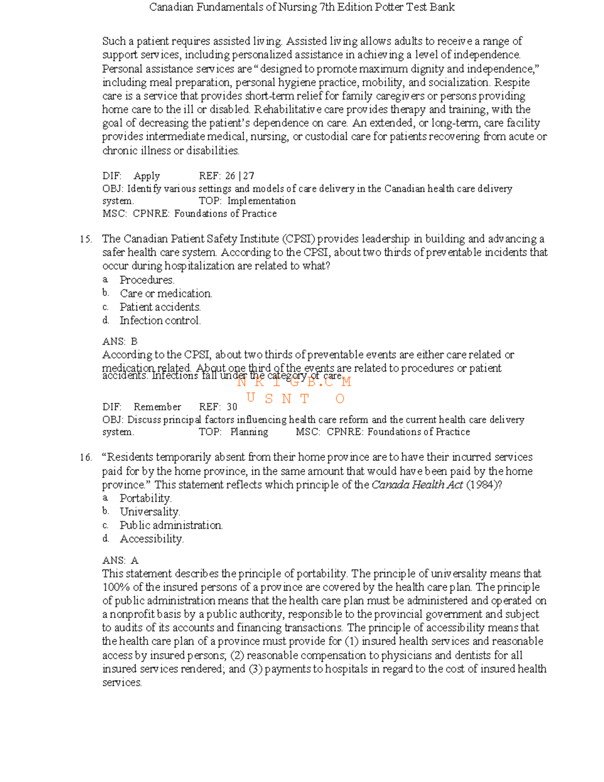 CPNRE: Test Bank for Potter & Perry's Canadian Nursing Fundamentals 7th ...