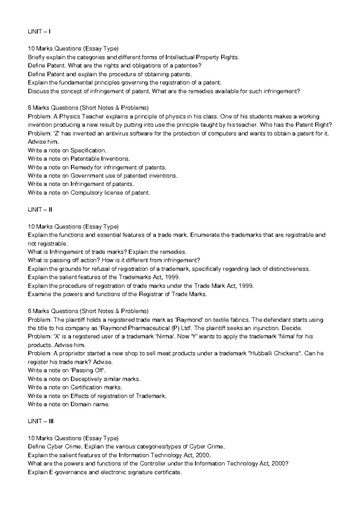 Intellectual Property Law Question Bank (IPR 101) - Essay & Short Notes ...