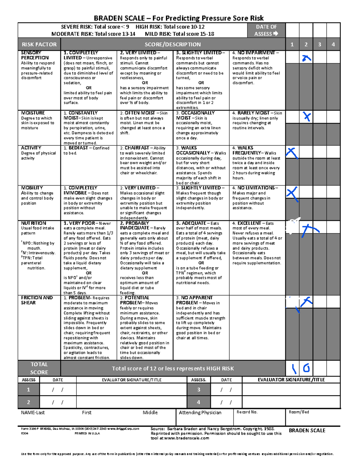 Braden Scale for Predicting Pressure Sore Risk Assessment (3166P) - Studocu