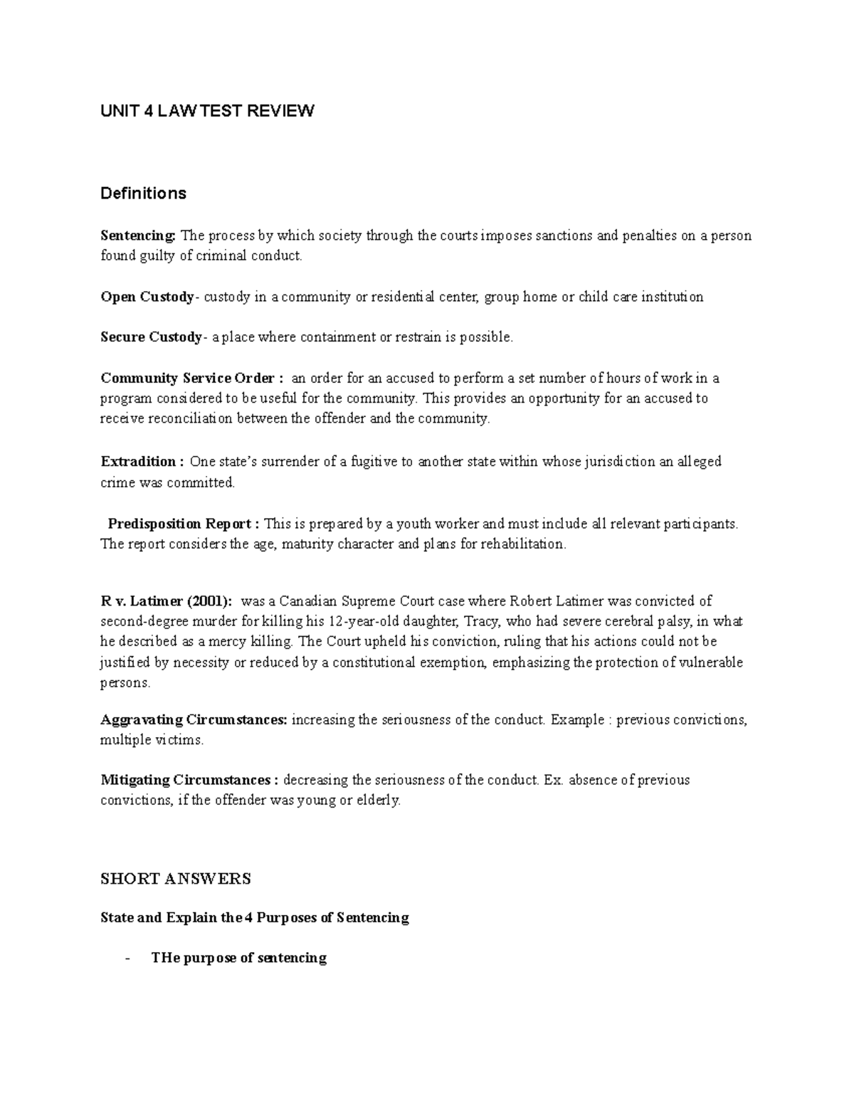 Final Law Test Review: Sentencing Alternatives & Case Analysis (LAW 101 ...