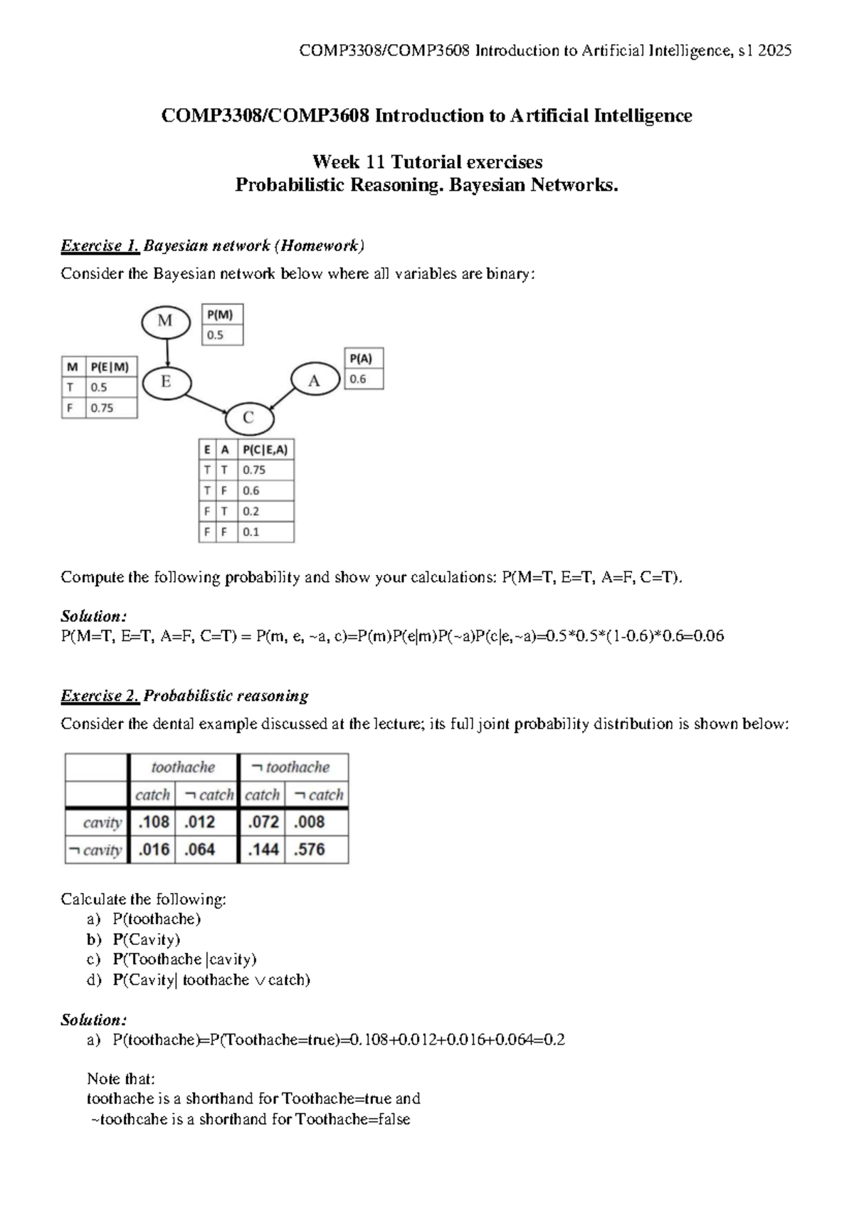 W11 Tutorial Solutions: Probabilistic Reasoning & Bayesian Networks, AI ...