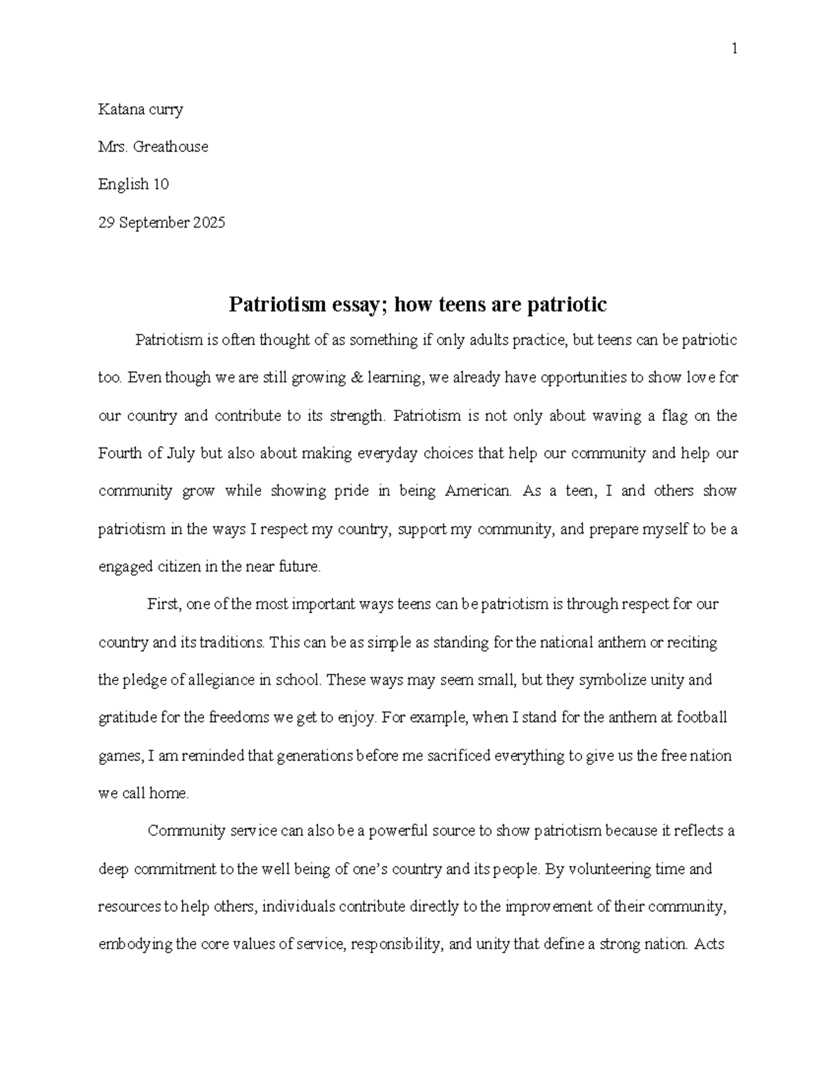 English 10 Essay: Patriotism Among Teens - A Personal Reflection - Studocu