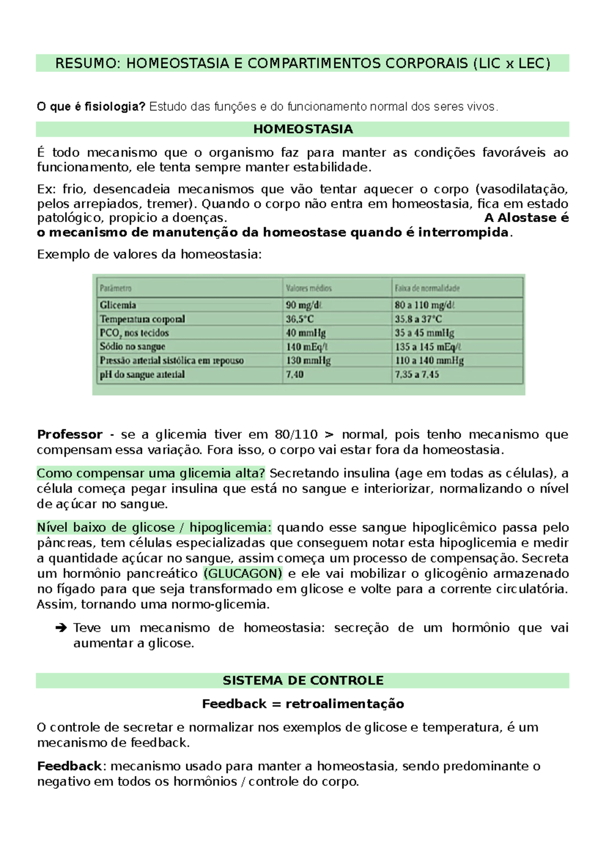 Homeostasia e Compartimentos Corporais: LIC, LEC e Potencial de Membrana - Studocu