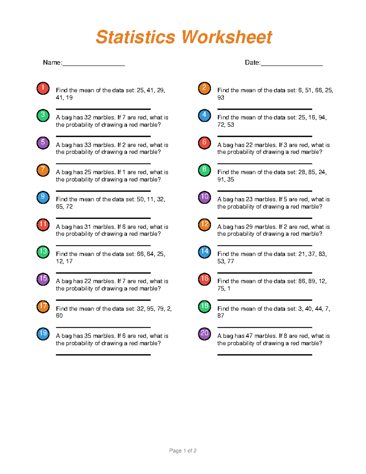 Statistics Worksheet 4: Mean & Probability Problems - Studocu