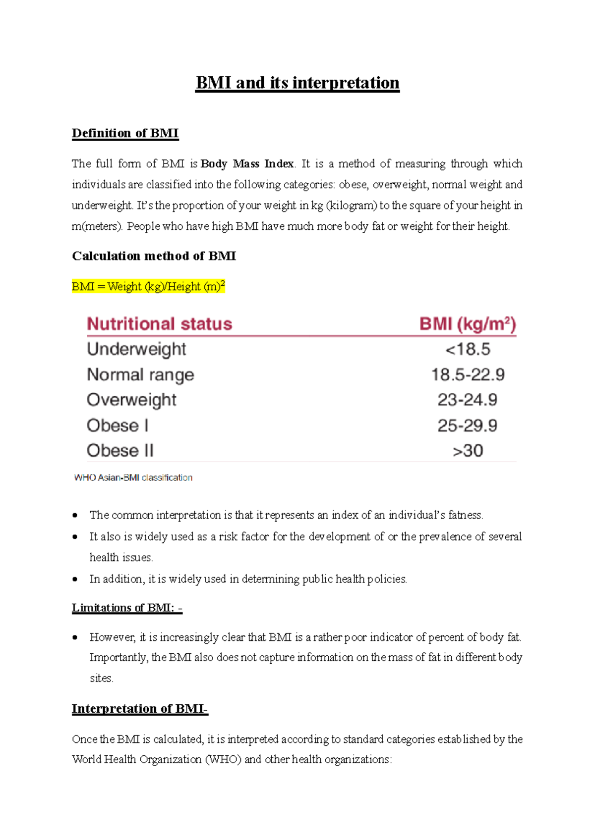 BMI and Its Interpretation: Understanding Body Mass Index - Studocu
