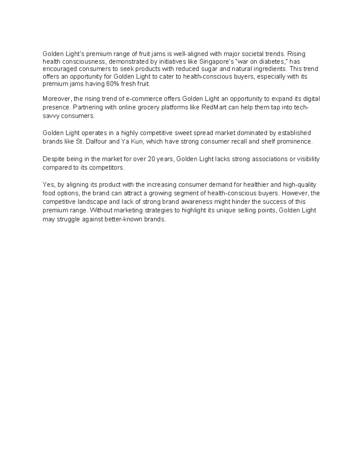 Golden Light Case Study: Navigating Trends in Premium Fruit Jams - Studocu