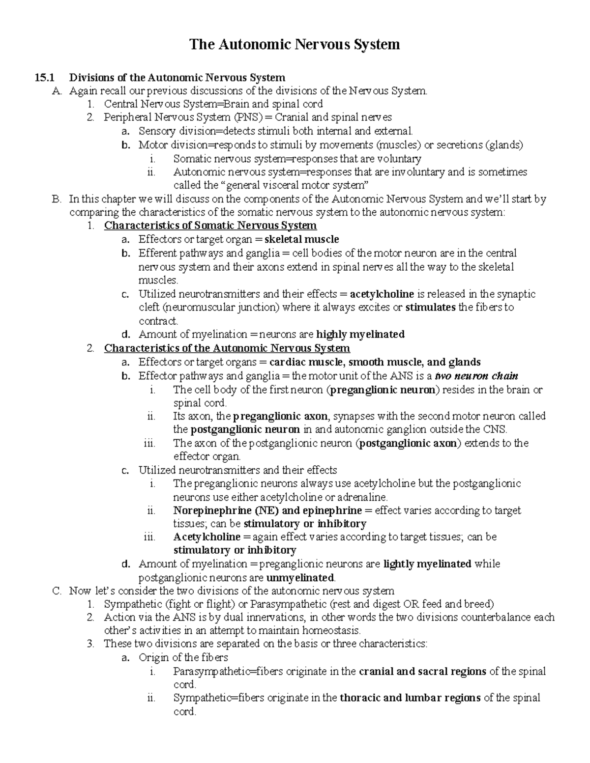 ANS-Outline - study - The Autonomic Nervous System 15 Divisions of the ...