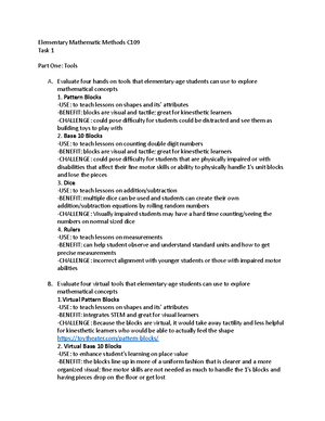 C109 Task 1 - Lesson Plan - Elementary Mathematics Methods – C109 ...