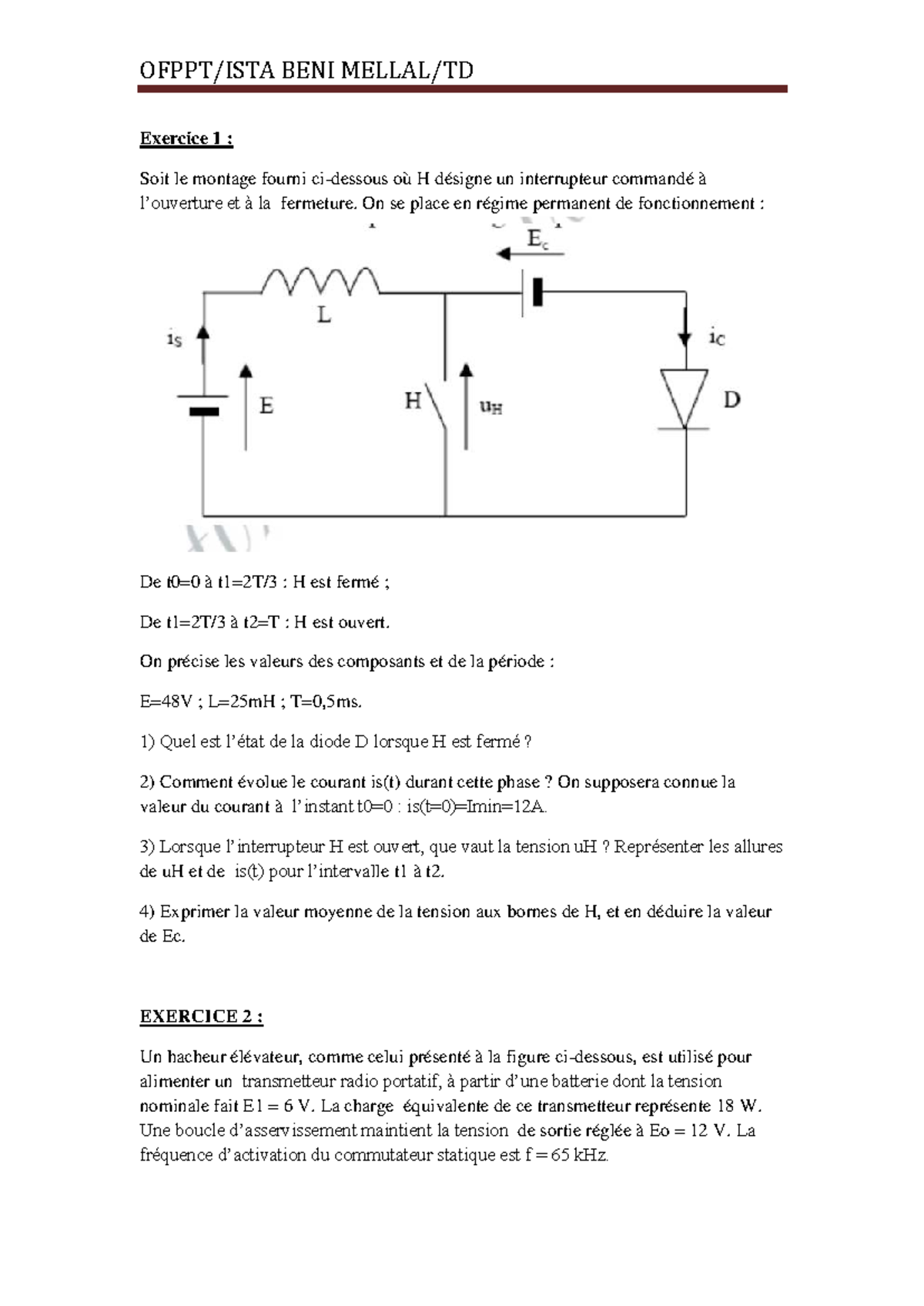 TD ESA 202 : Exercice sur le Hacheur Élévateur et Diode - Studocu