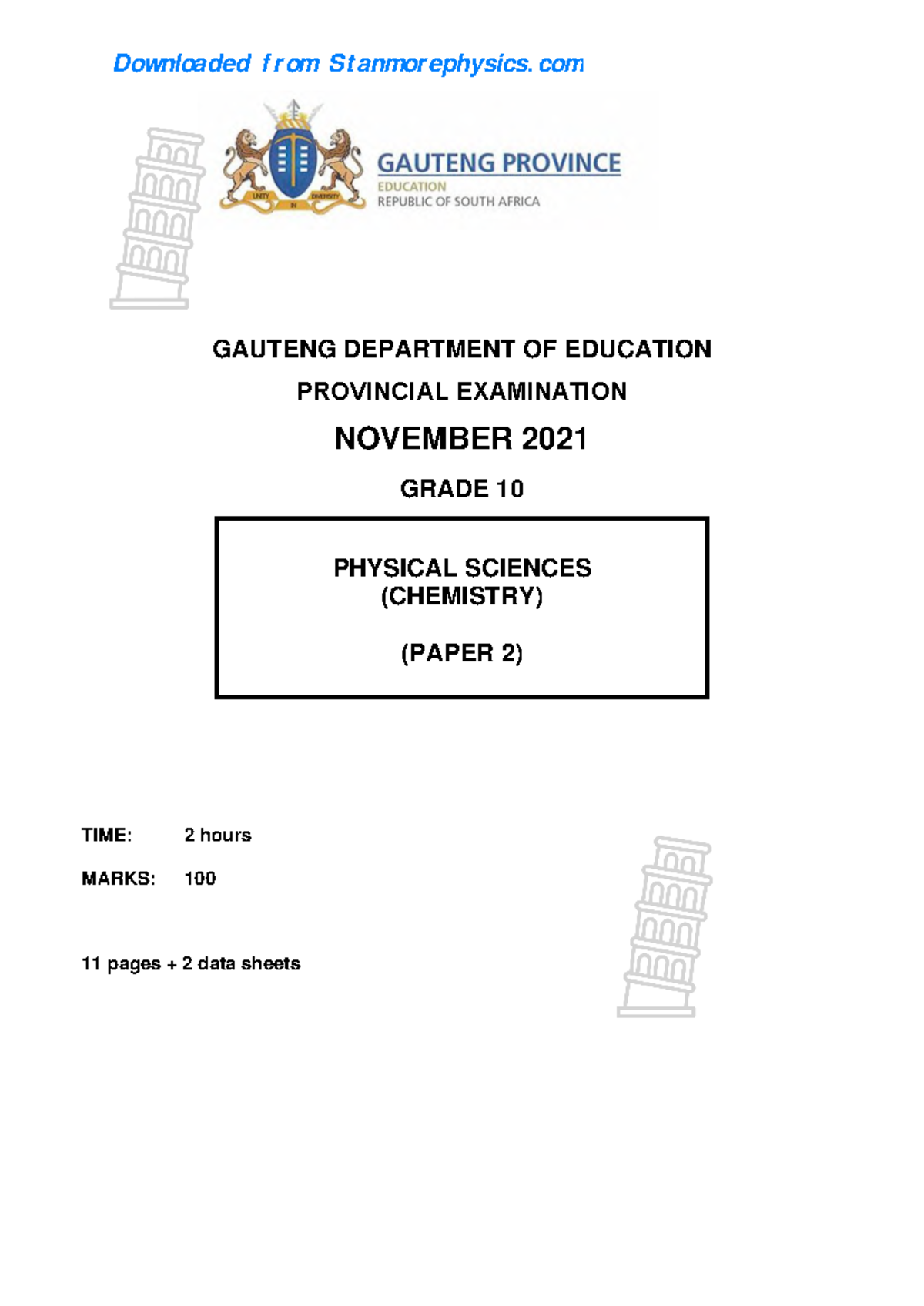 Grade 10 Physical Sciences P2 November 2021 Exam Paper and Memo - Studocu