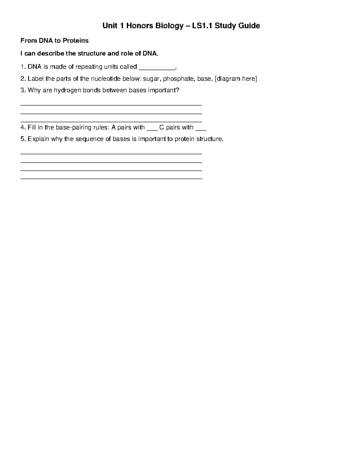 Unit 1 LS1.1 Honors Biology Study Guide: DNA to Proteins - Studocu
