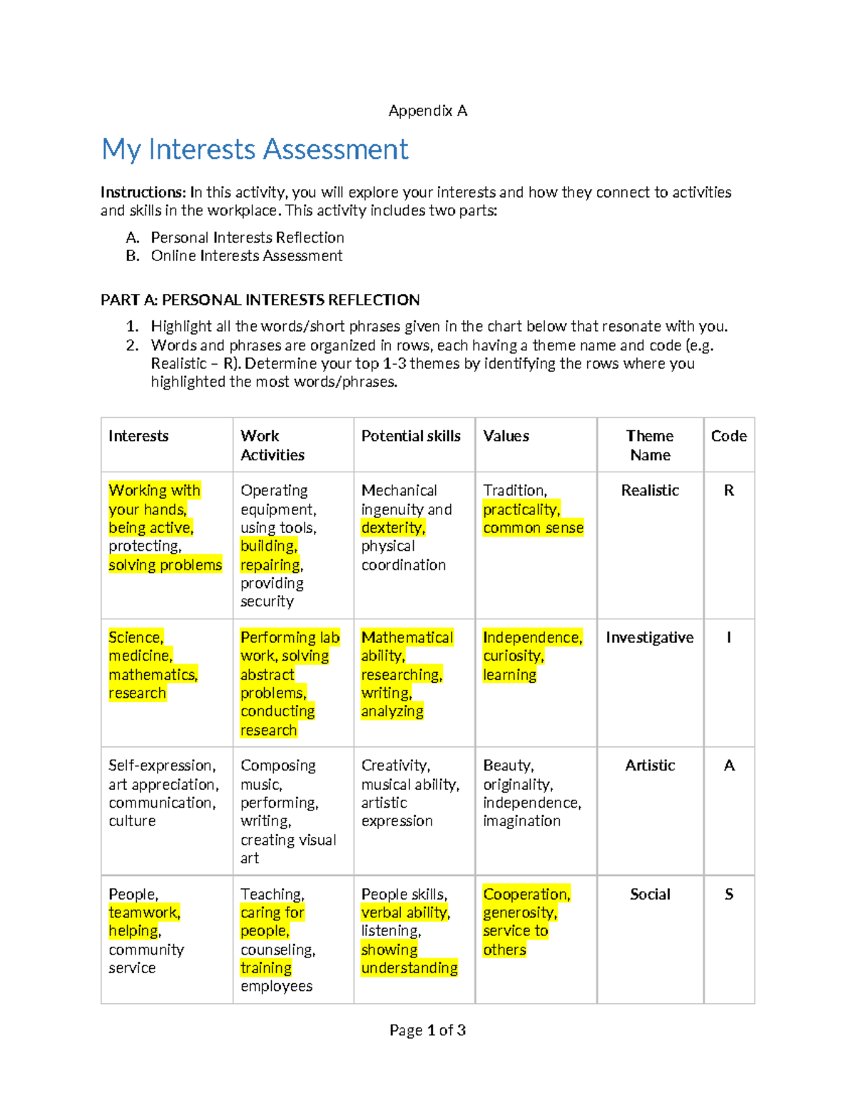 Interest Assessments Worksheet - Page 1 of 3 Appendix A My Interests ...