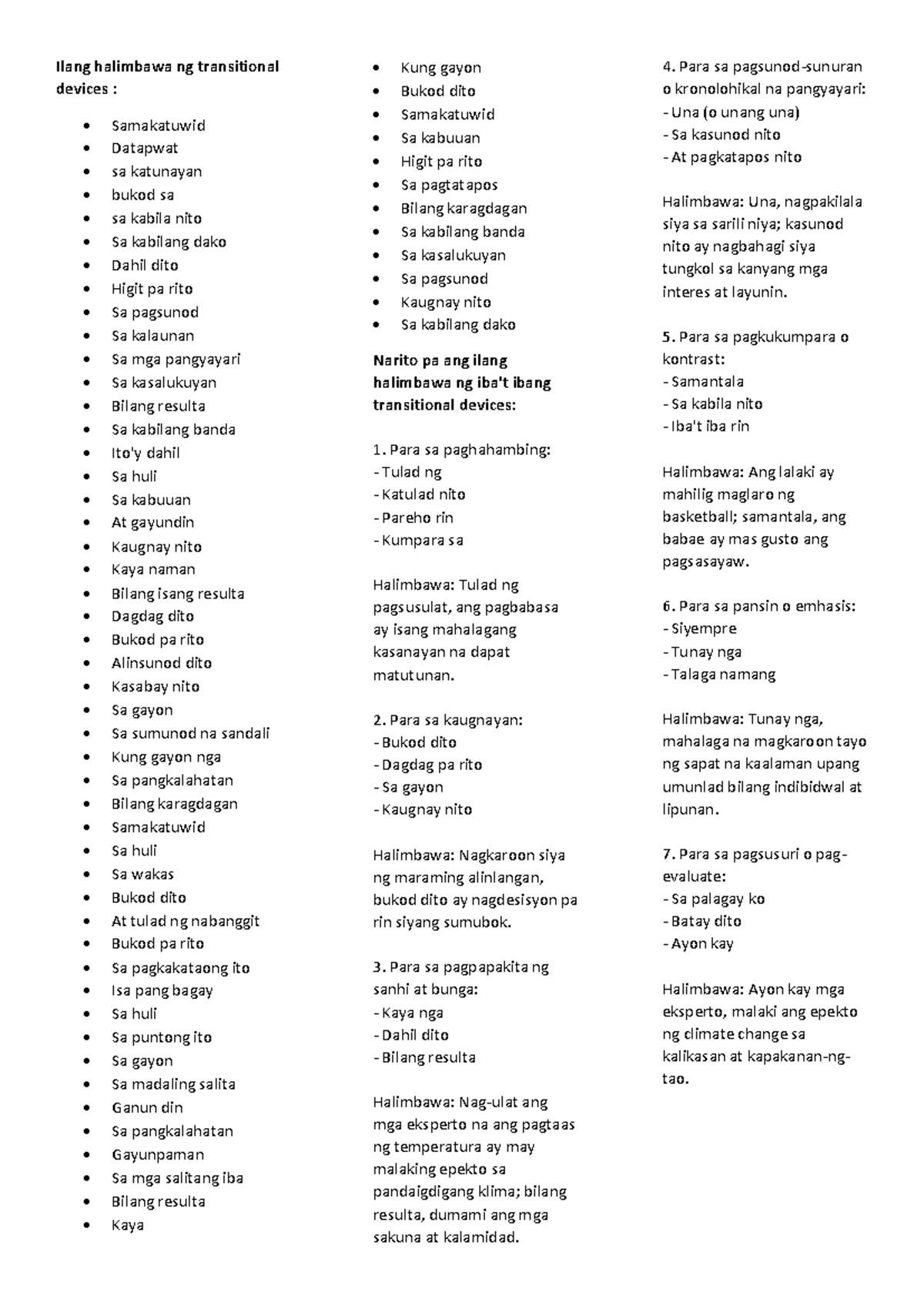 Mga Halimbawa ng Transitional Devices para sa Pagsusulat - Studocu