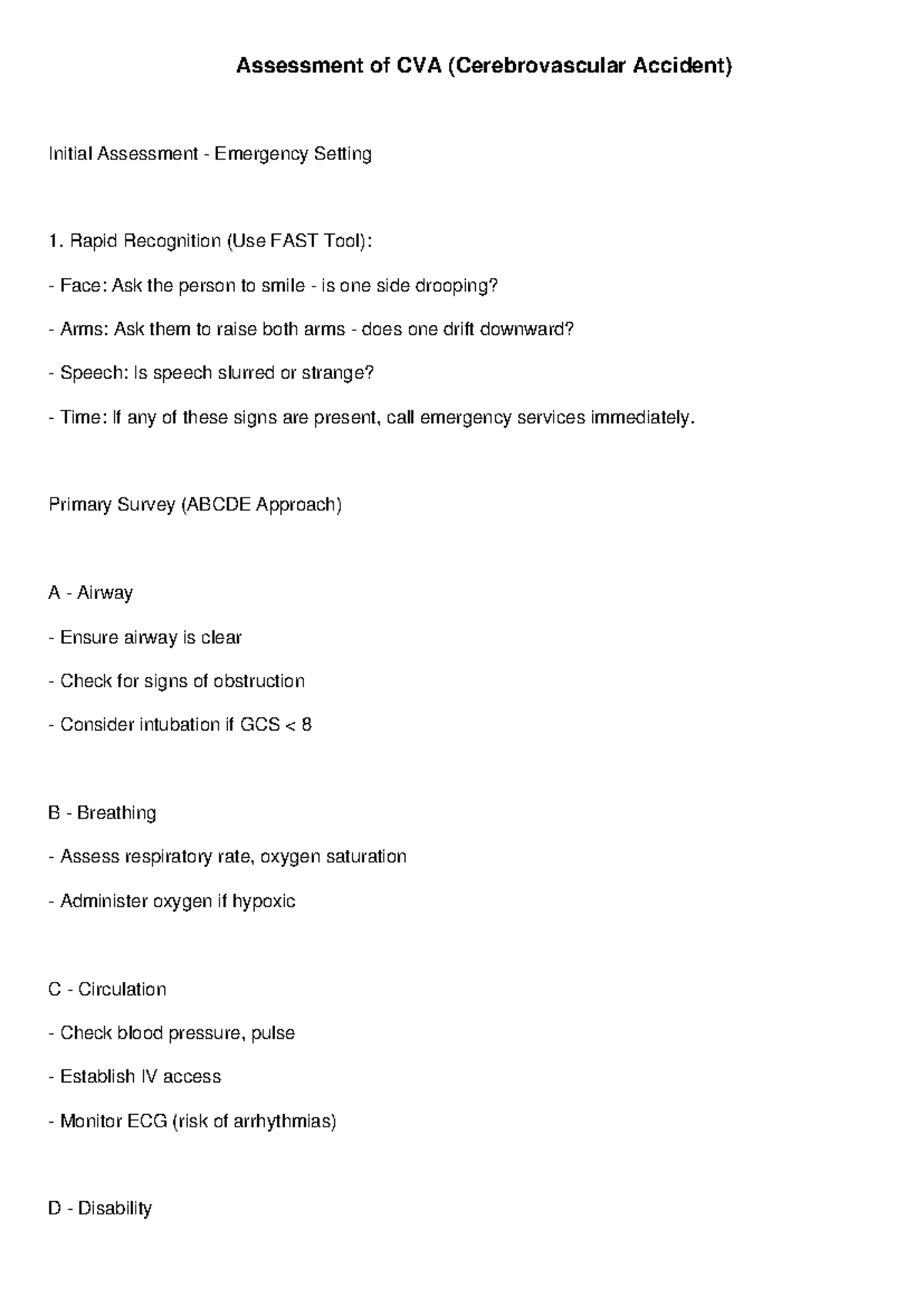 CVA Assessment in Emergency: Initial Evaluation & Recognition - Studocu