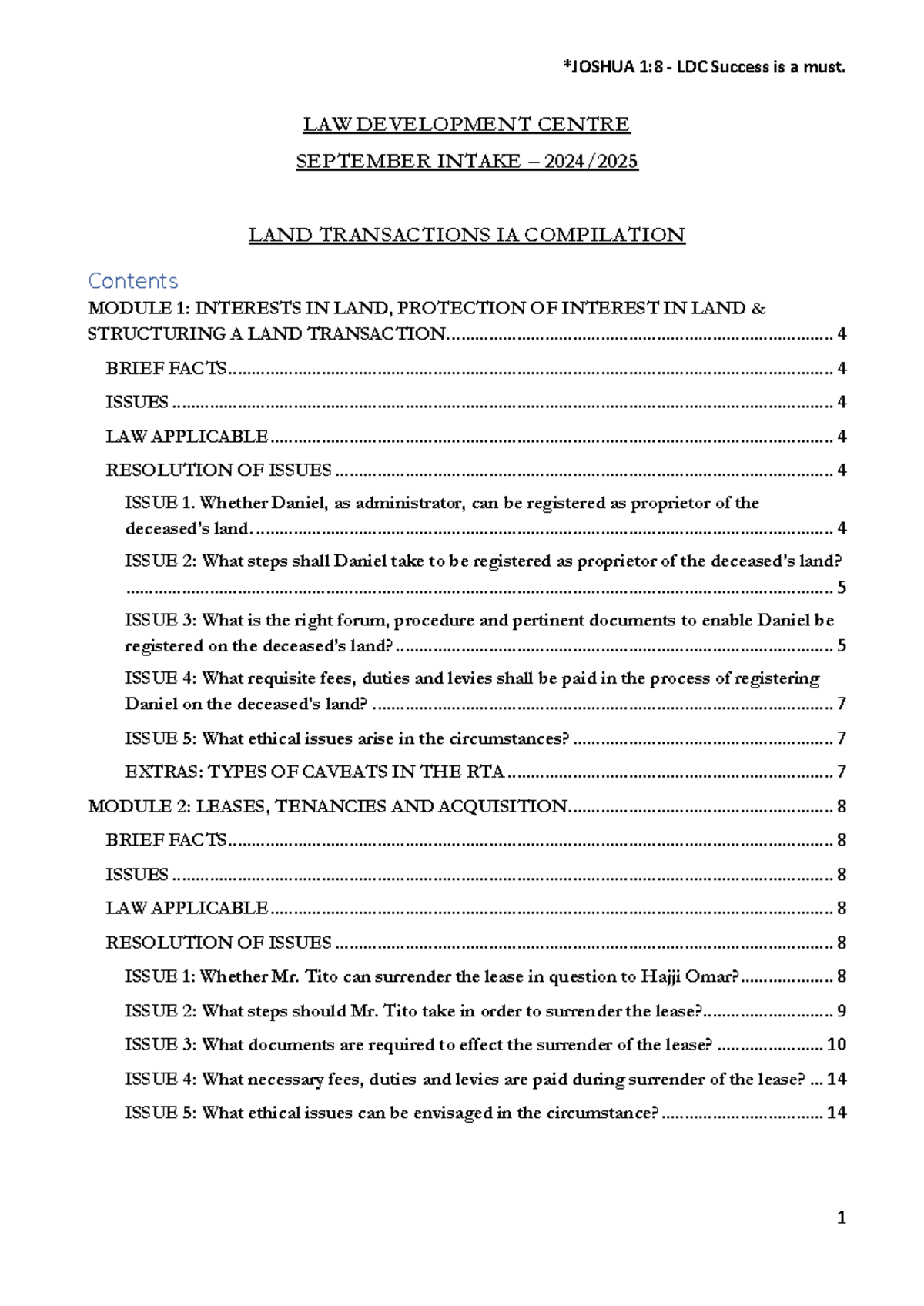 LAND TRANSACTIONS IA COMPILATION - LAW DEVELOPMENT CENTRE (LDC) - Studocu