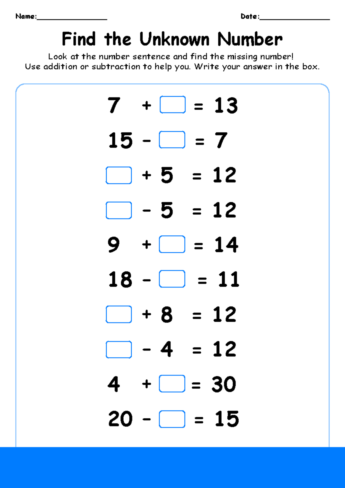 Find the Missing Number - 1st Grade Worksheet - Use addition or ...