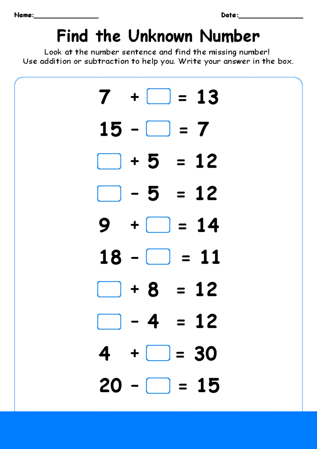 Find the Missing Number in Subtraction - 1st Grade Worksheet - Name ...