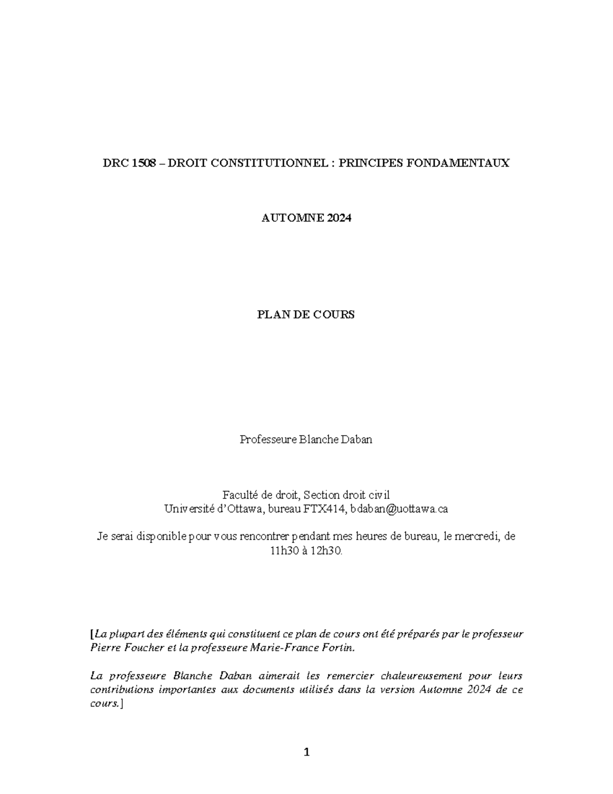 DRC 1508 Droit Constitutionnel : Plan de Cours Automne 2024 - Studocu