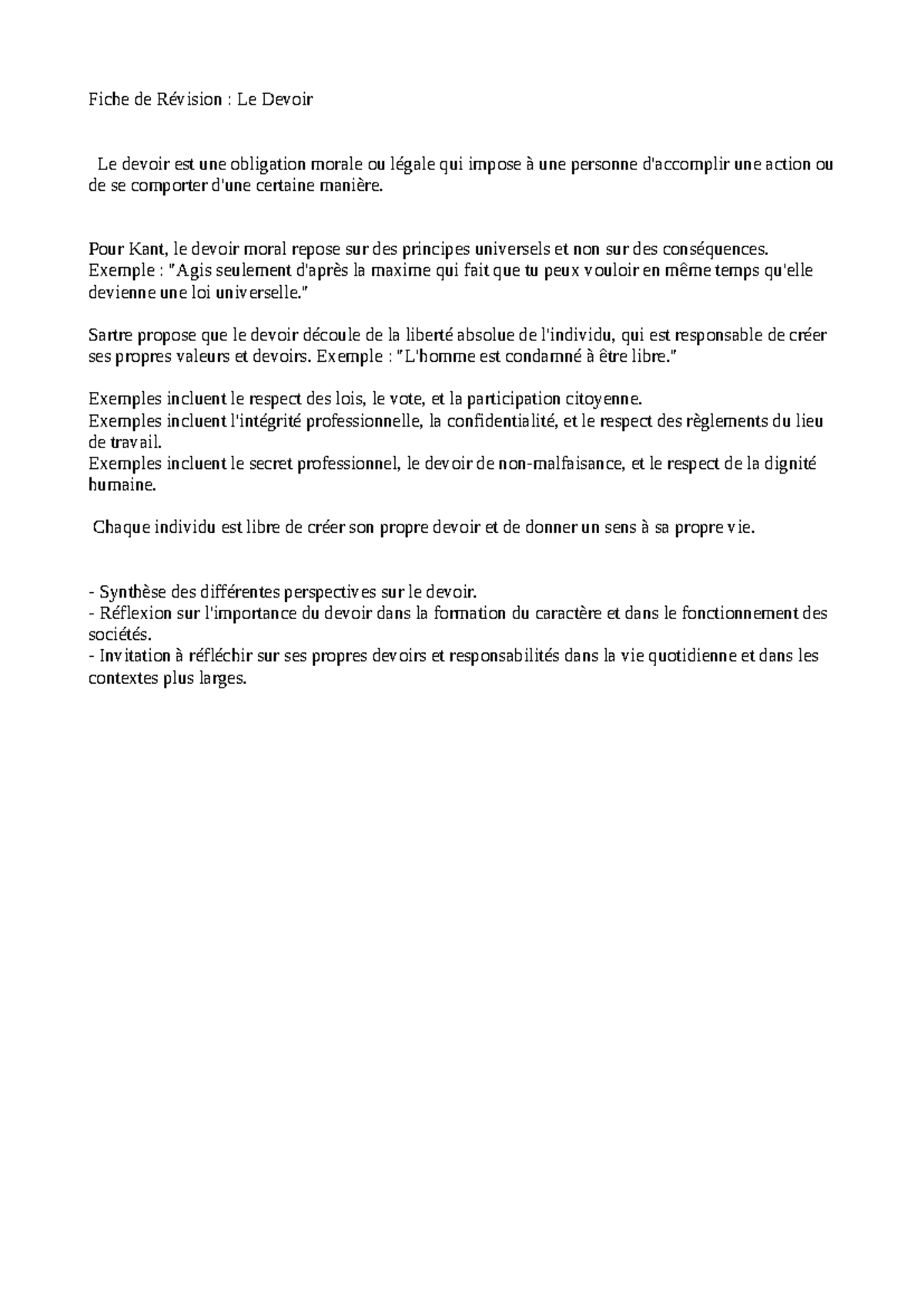 Fiche de Révision : Les Perspectives sur le Devoir Moral et Légal - Studocu