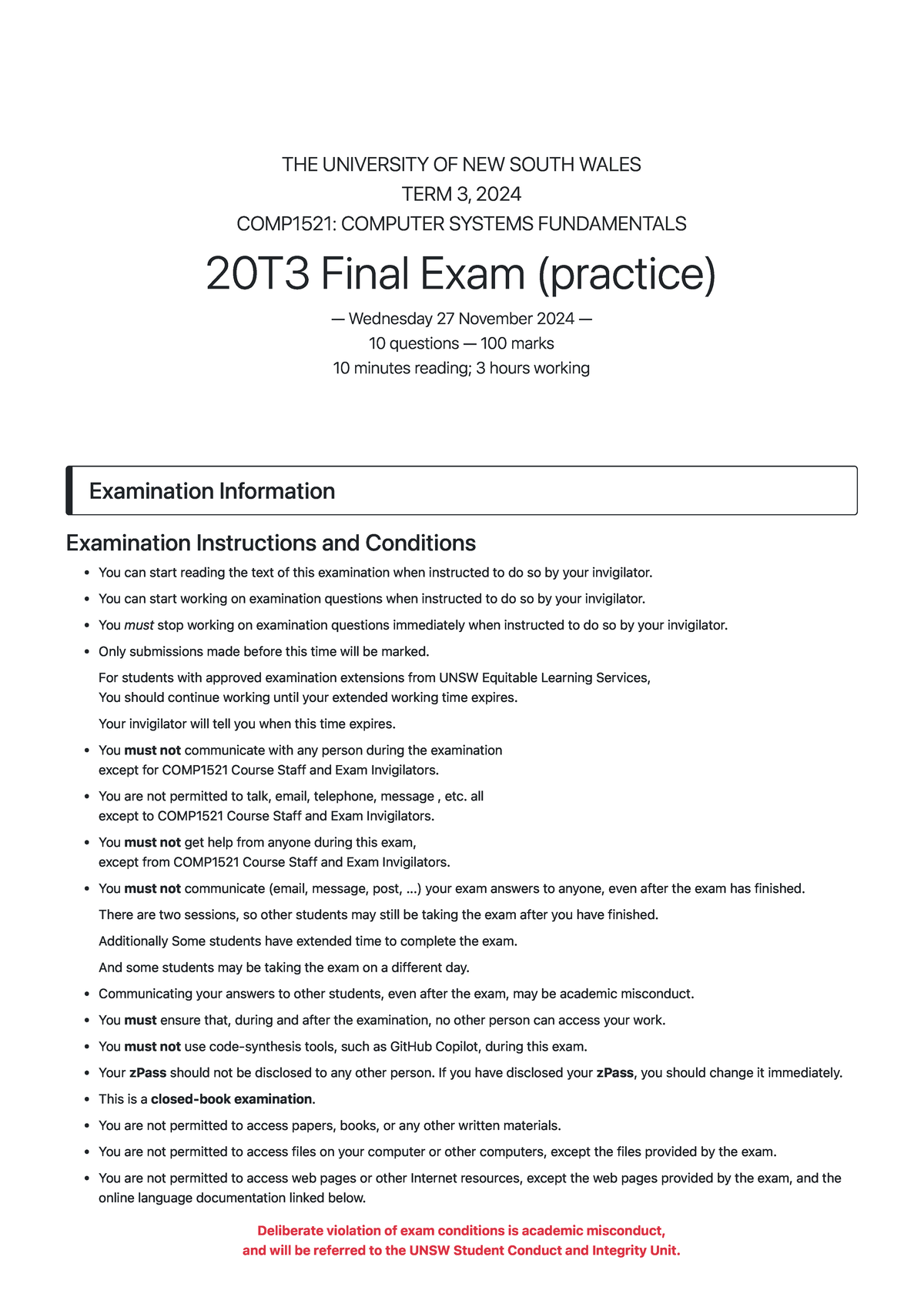 COMP1521 20T3 Final Exam (Practice) Sample Solutions and Instructions - Studocu