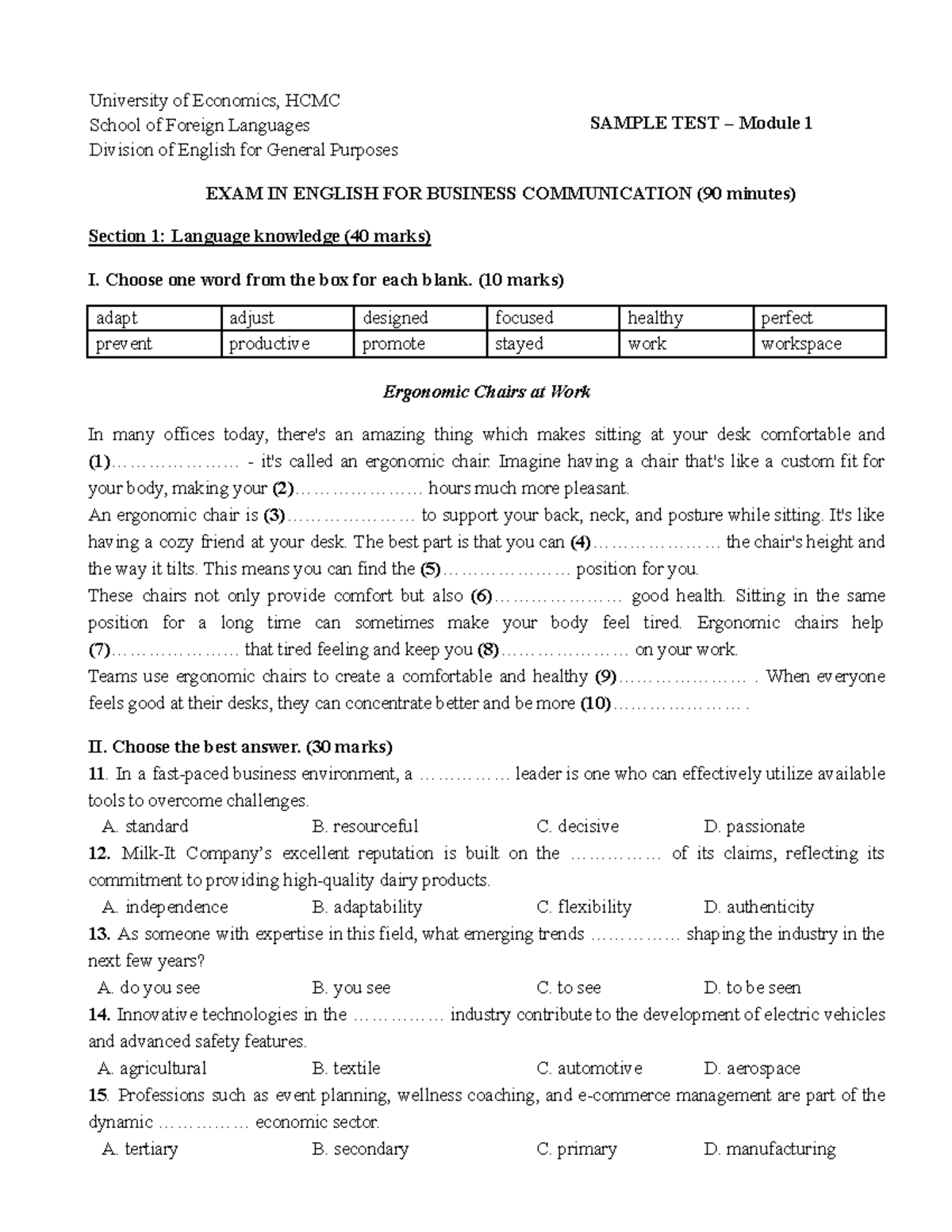 Đề Thi Thử 2024 - Module 1: Exam in English for Business Communication ...